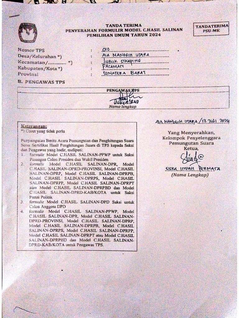 Tanda Terima Penyerahan Formulir C Hasil Salinan | PDF