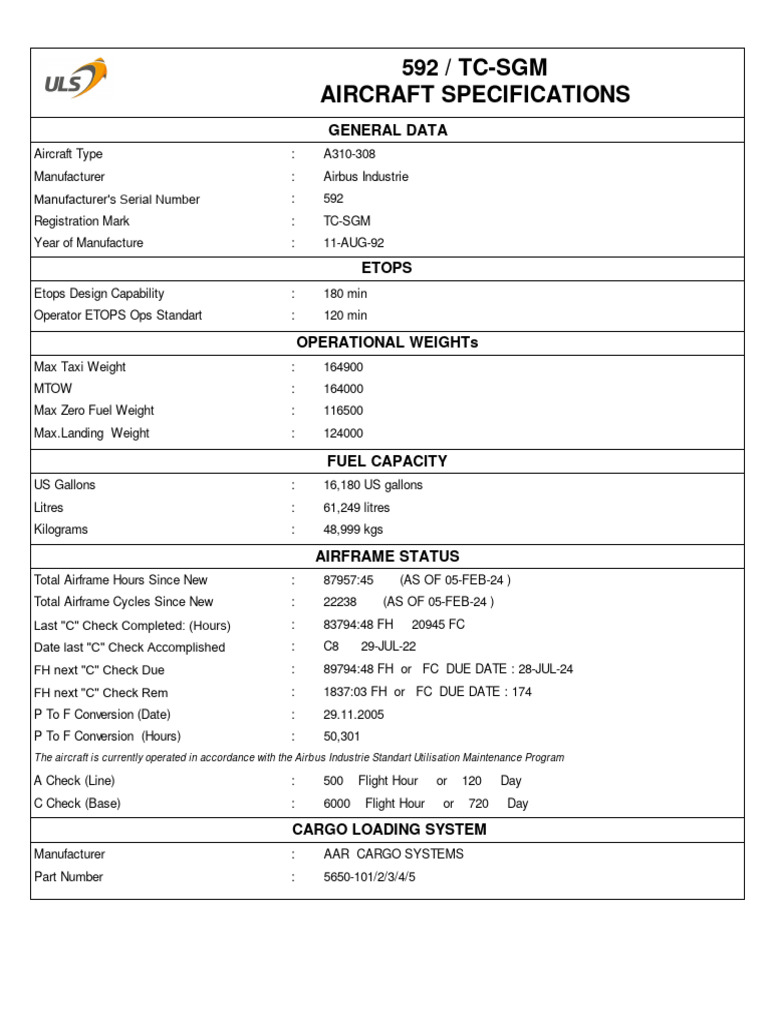 MSN 592 - TC-SGM Aircraft Specifications | Download Free PDF | Aviation ...