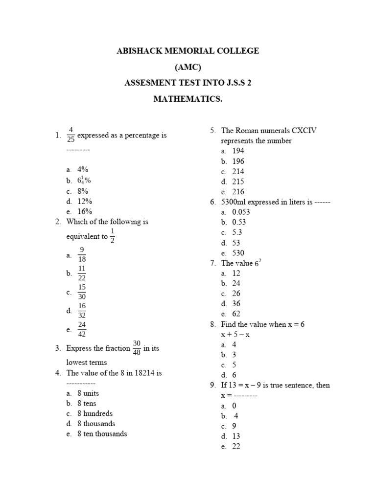 Assesment Test For JSS2 | PDF | Elementary Geometry | Euclidean Plane ...