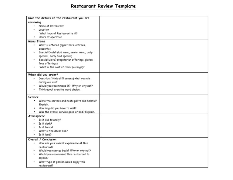 Restaurant Review Template | PDF | Career & Growth | Cooking, Food & Wine