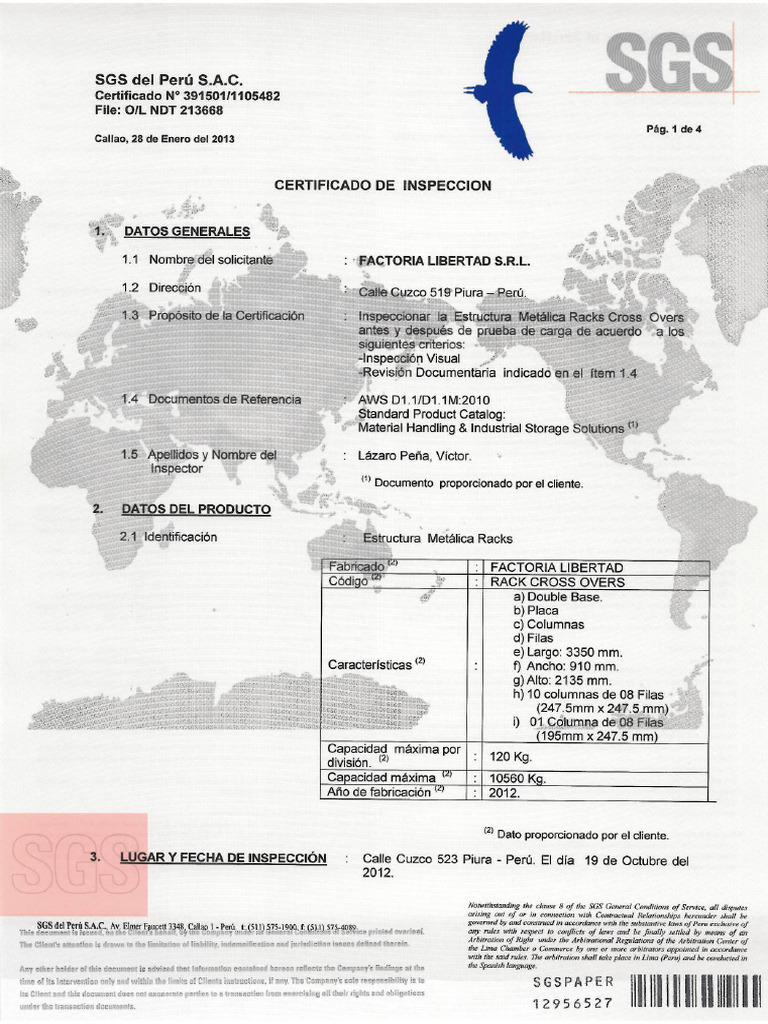Certififcado de Inspección - Estructura Metálica Racks | PDF
