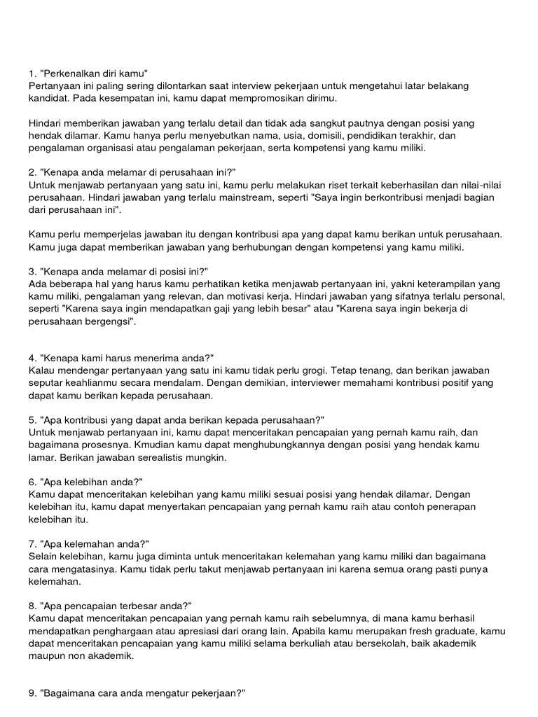 Tips Jawab Pertanyaan Interview Kerja | PDF