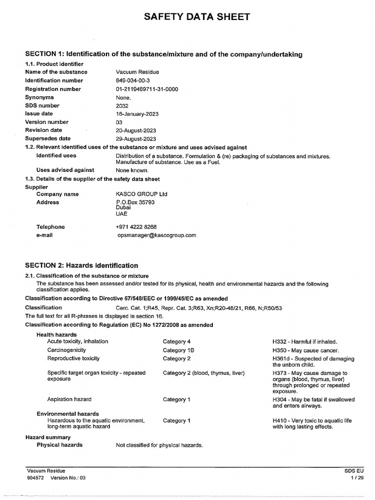MSDS - Vacuum Residue (VR) | PDF