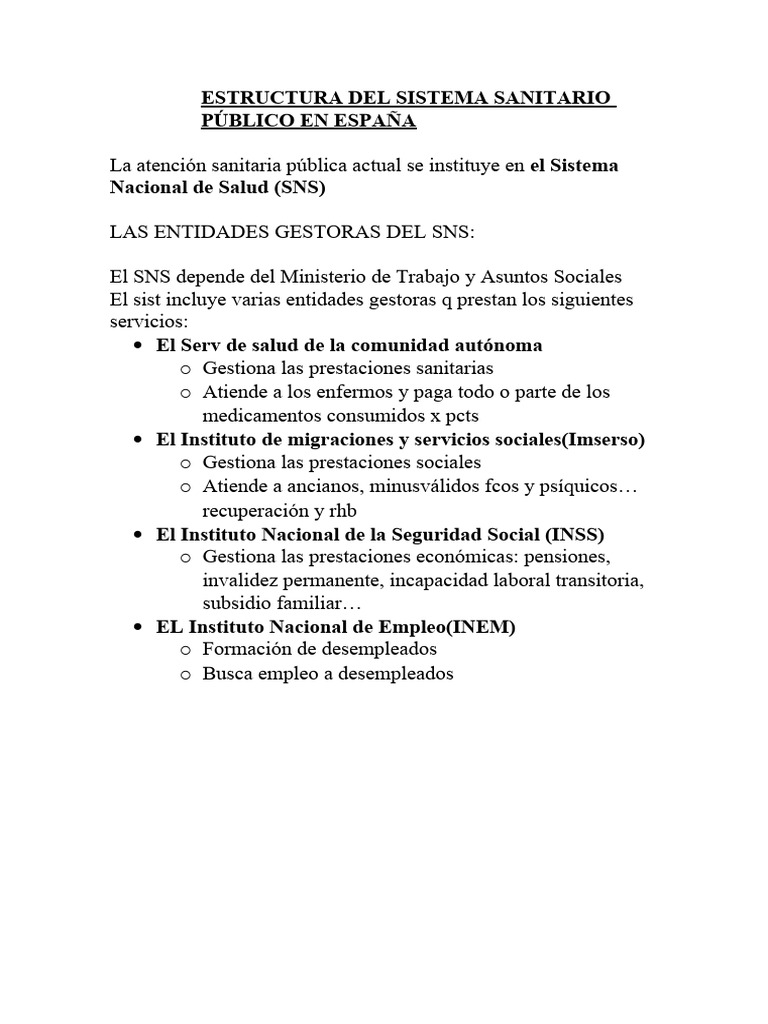 Estructura del Sistema Sanitario Publico en España | PDF | Cuidado de la salud | Economias