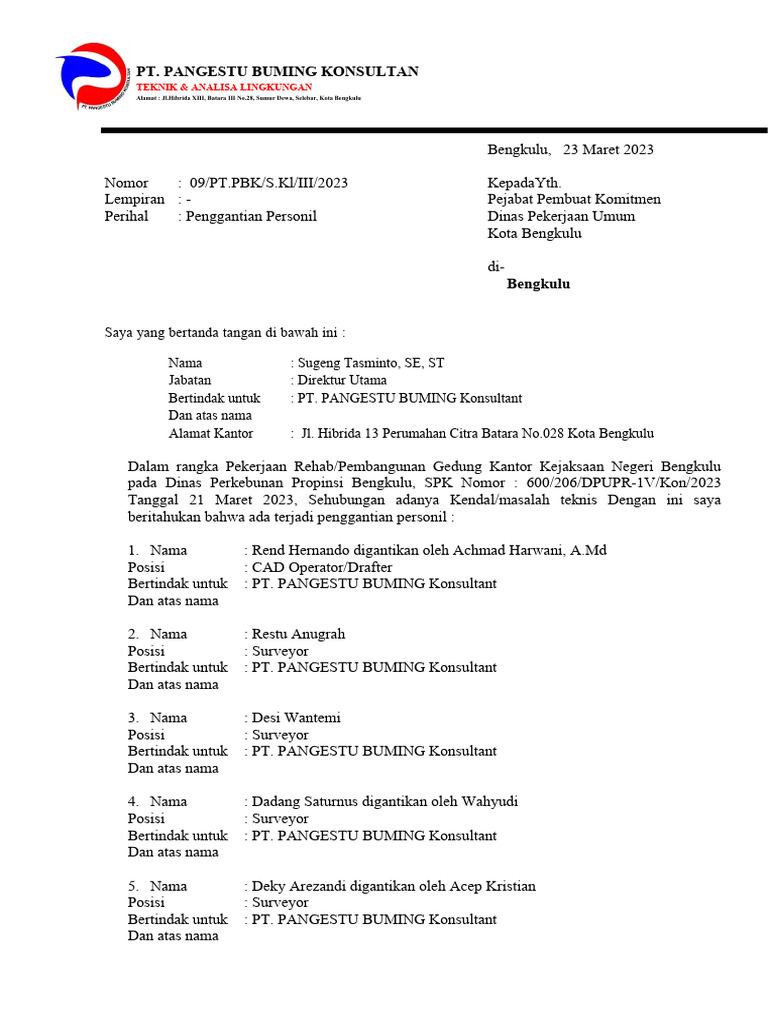 Surat Penggantian Personil | PDF