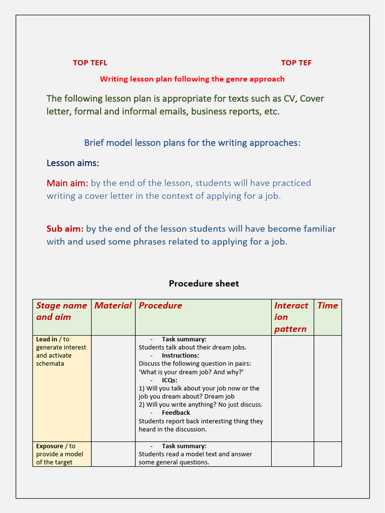 Writing Lesson Plan. Genre Approach | PDF | Education Theory | Teaching