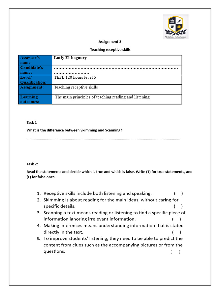 Assignment 3 Teaching Receptive Skills-New | PDF | Speed Reading ...