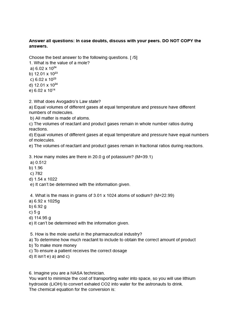 Mole Concept and Calculations Quiz | PDF | Mole (Unit) | Quantity