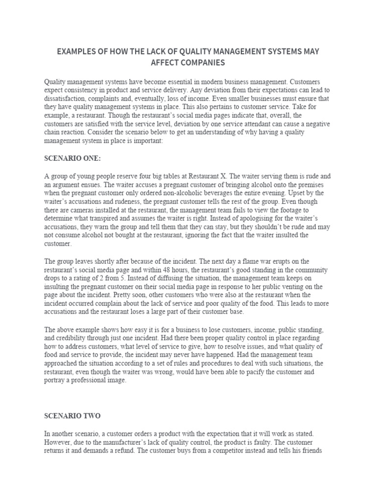 Examples of How The Lack of Quality Management Systems May Affect ...