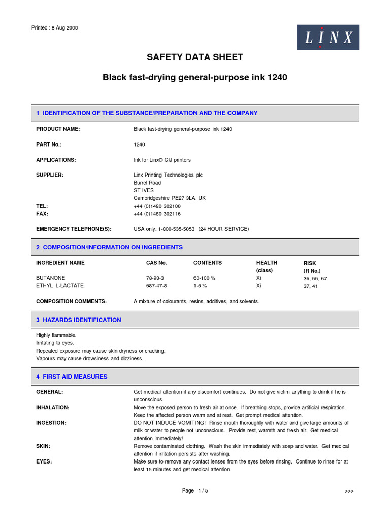 Linx 1240 MSDS | PDF | Fires | Carbon Dioxide