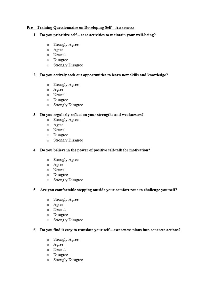 Pre - Training Questionnaire on Developing Self - Awareness | PDF ...