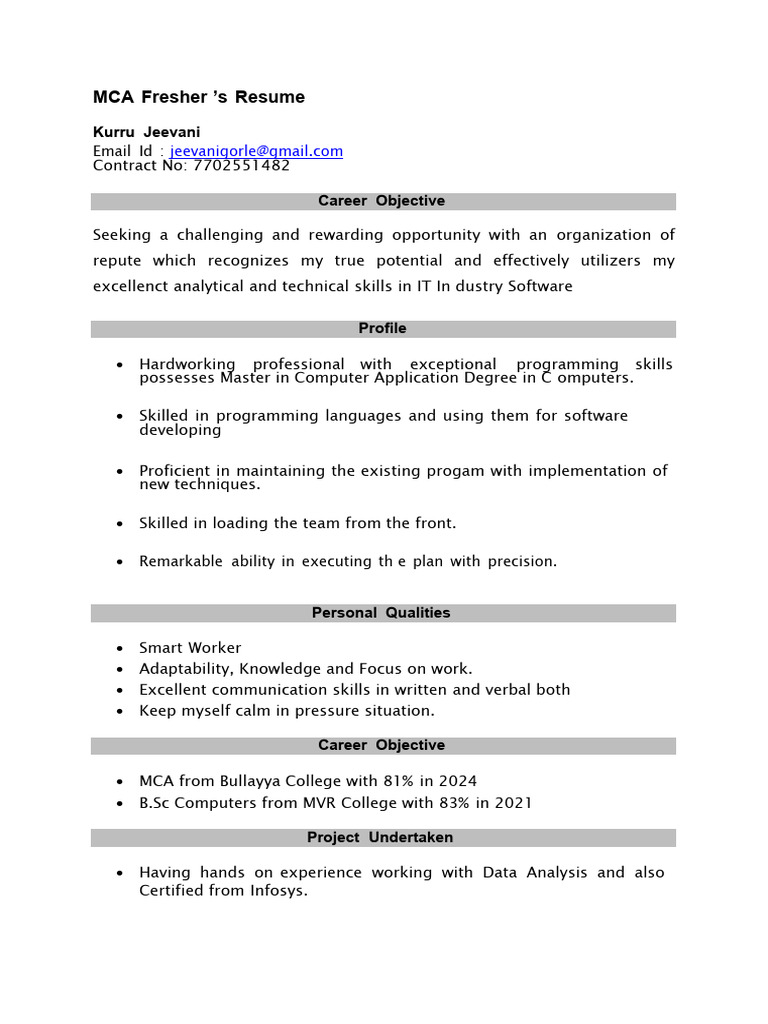 MCA Fresher Resume for IT Careers | PDF | Career & Growth