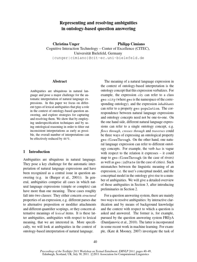 Resolving Ambiguity in Ontology Based Question Answering | PDF | Ambiguity | Lexical Semantics