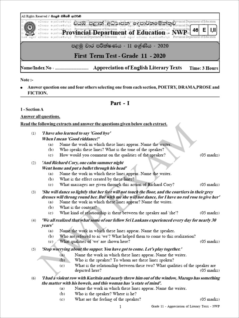 Grade 11 English Literature Test Paper | PDF | Educational Assessment ...