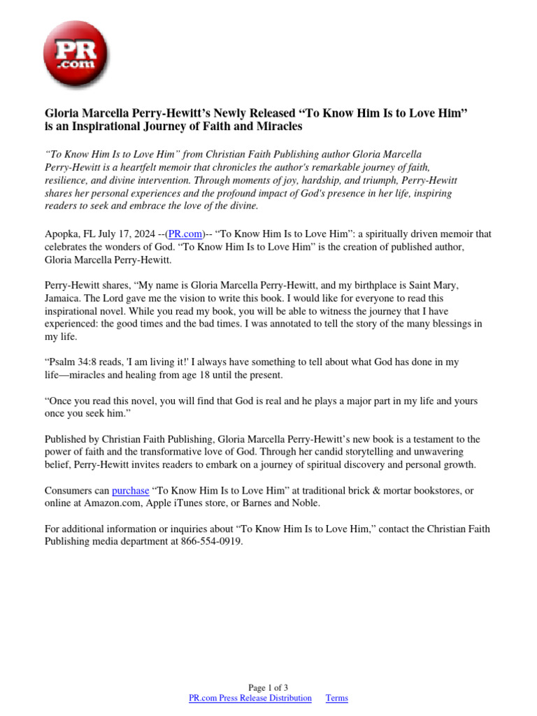 Gloria Marcella Perry-Hewitt's Newly Released "To Know Him Is To Love ...