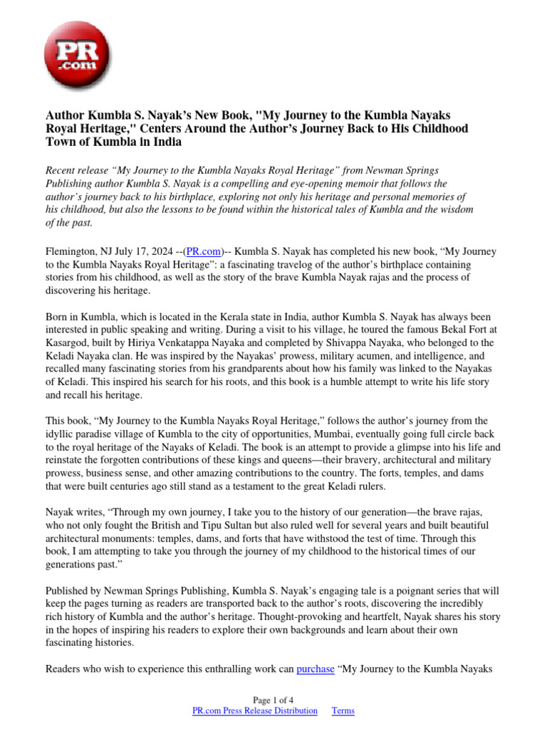 Author Kumbla S. Nayak's New Book, "My Journey To The Kumbla Nayaks ...