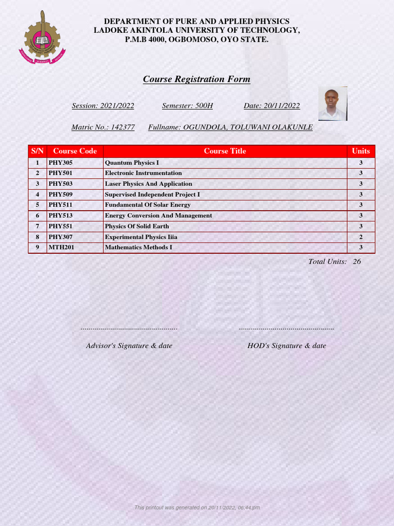 Physics Course Registration Form | PDF