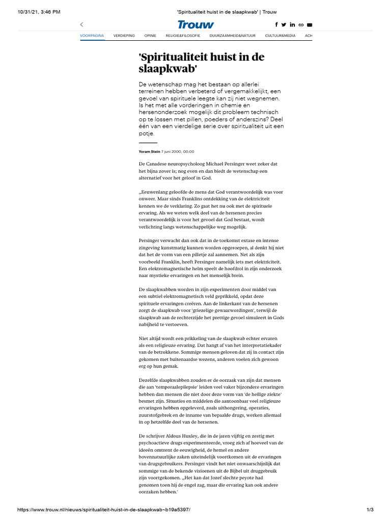 'Spiritualiteit Huist in de Slaapkwab' - Trouw | PDF