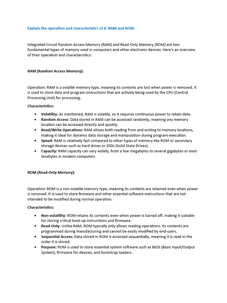 Explain The Operation and Characteristics of IC RAM and ROM | PDF | Computer Data Storage ...