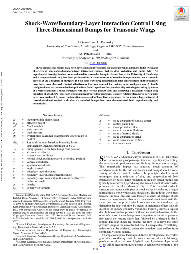 Shock-Wave/Boundary-Layer Interaction Control Using Three-Dimensional Bumps For Transonic Wings ...