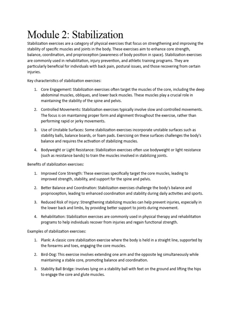 Stabilization Exercises for Core Strength | PDF | Balance (Ability ...