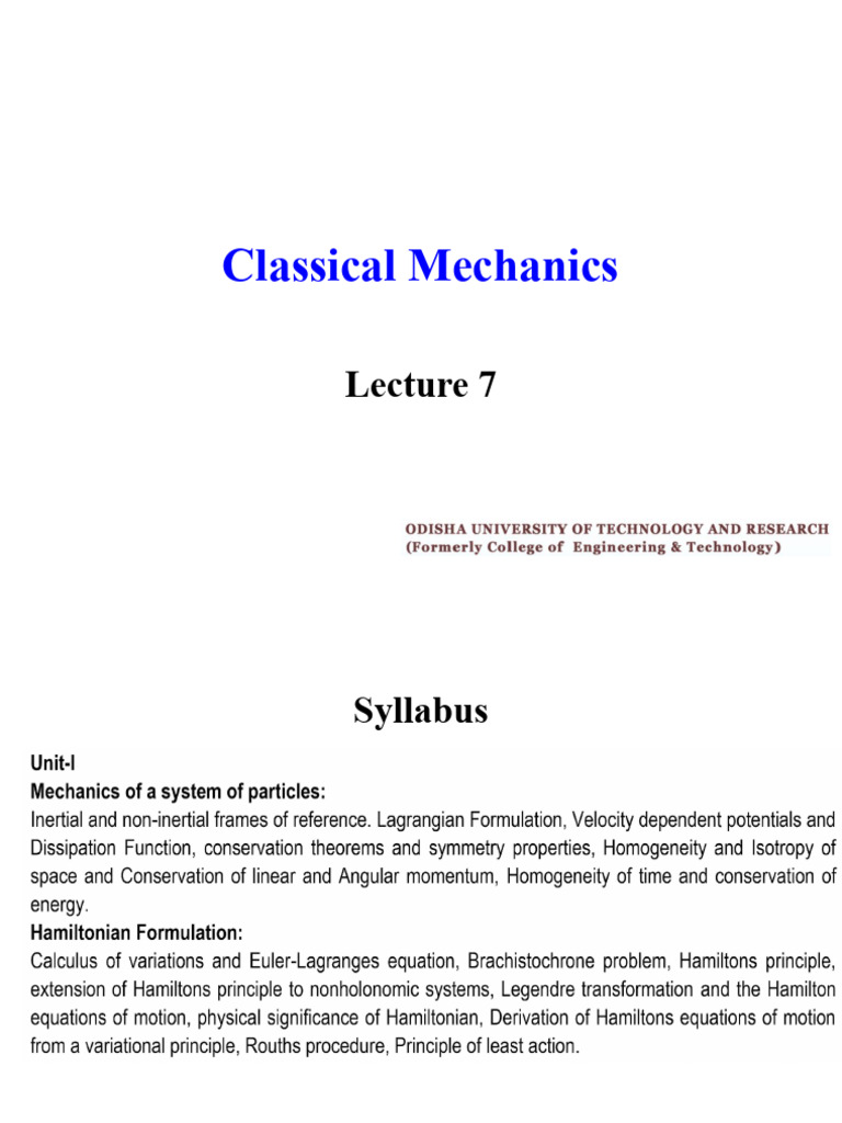 CM Lecture- 7.pptx | PDF | Hamiltonian Mechanics | Lagrangian Mechanics