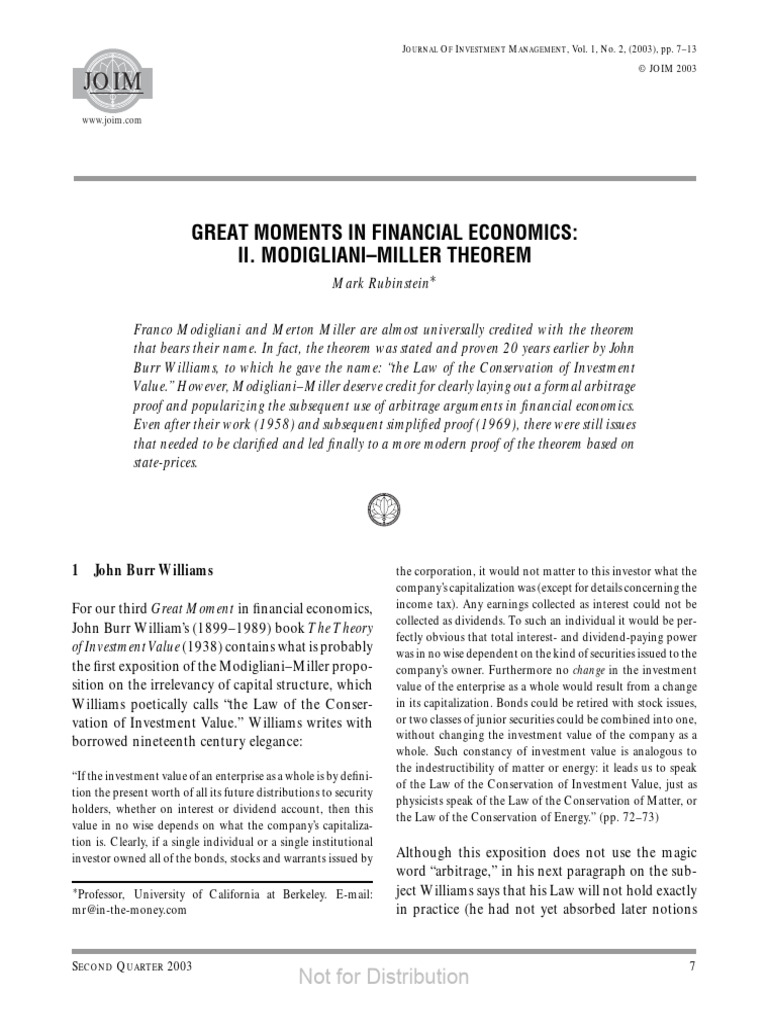 Great Moments in Financial Economics: Ii. Modigliani-Miller Theorem ...