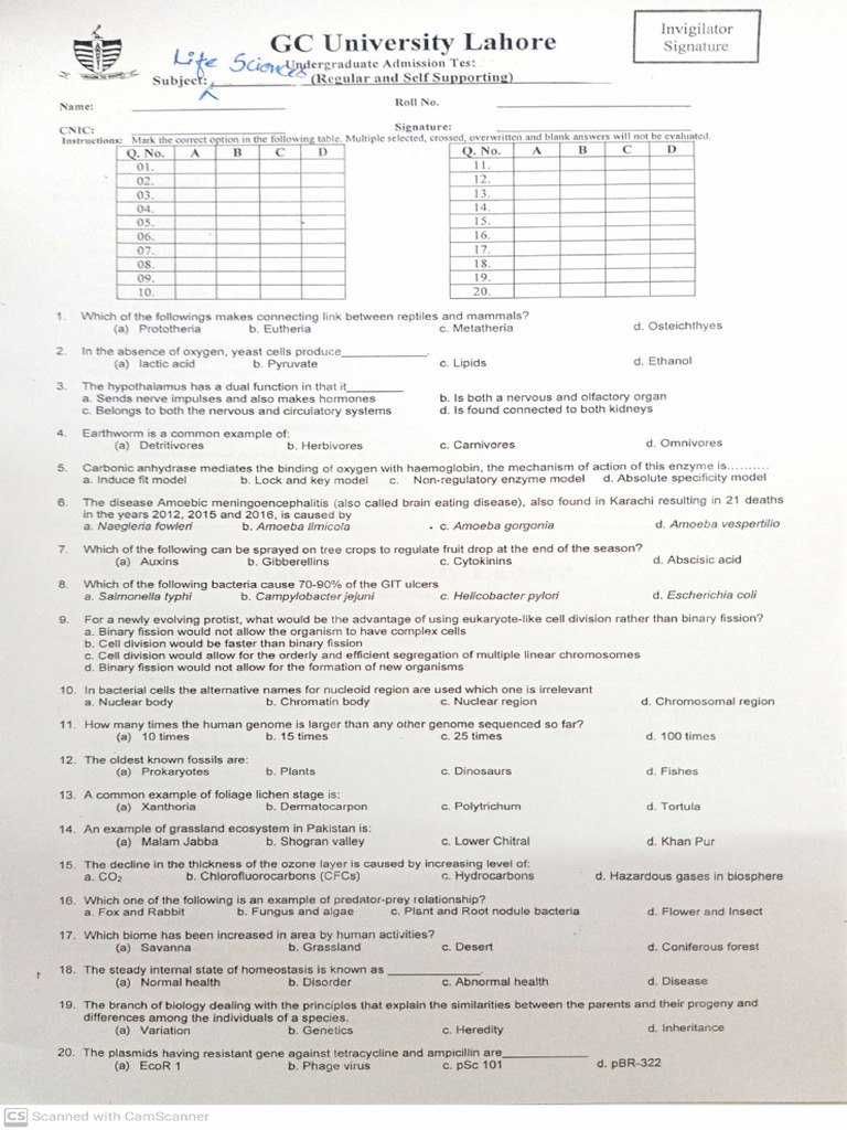 BS Life Science SamplePaper | PDF