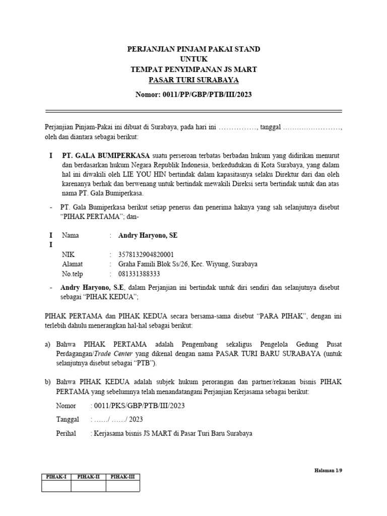 Perjanjian Pinjam Pakai Stand 15032022 | PDF | Bisnis | Pengelolaan Keuangan & Uang