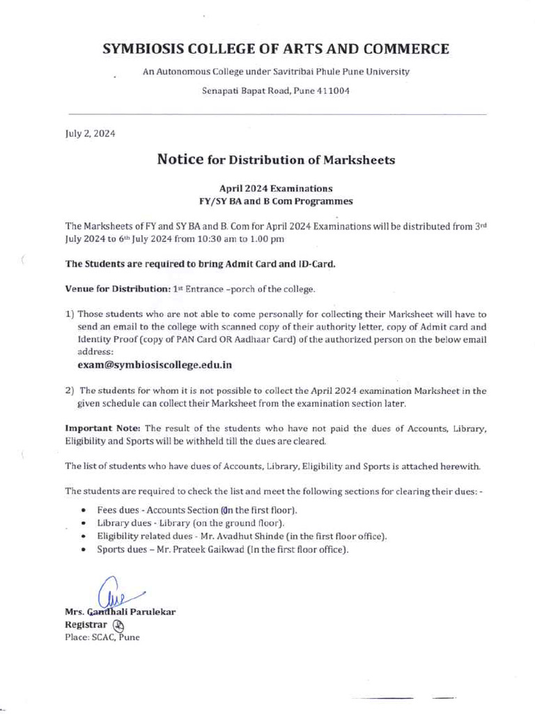 Notice For Distribution of Marksheets April 2024 FY SY BA BCOM Examination | PDF