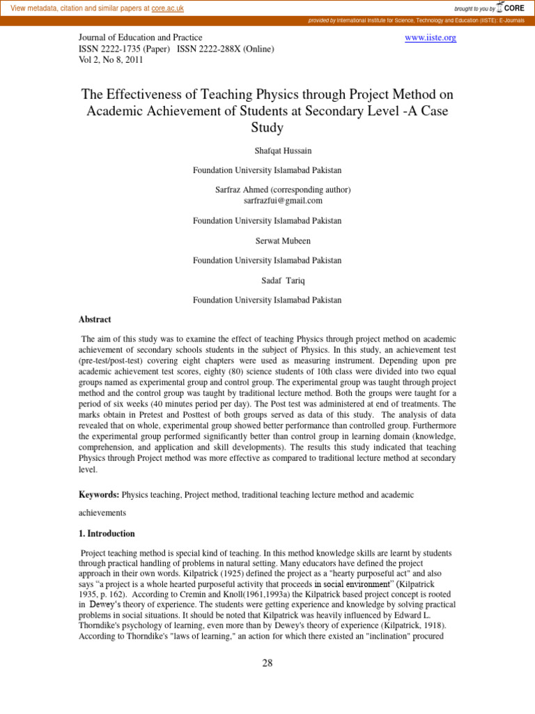 The Effectiveness of Teaching Physics Through Project Method On Academic Achievement of Students ...