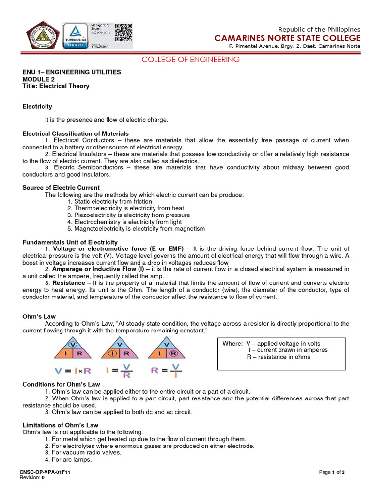 Module 2 Electrical Theory | PDF | Electric Current | Electrical ...