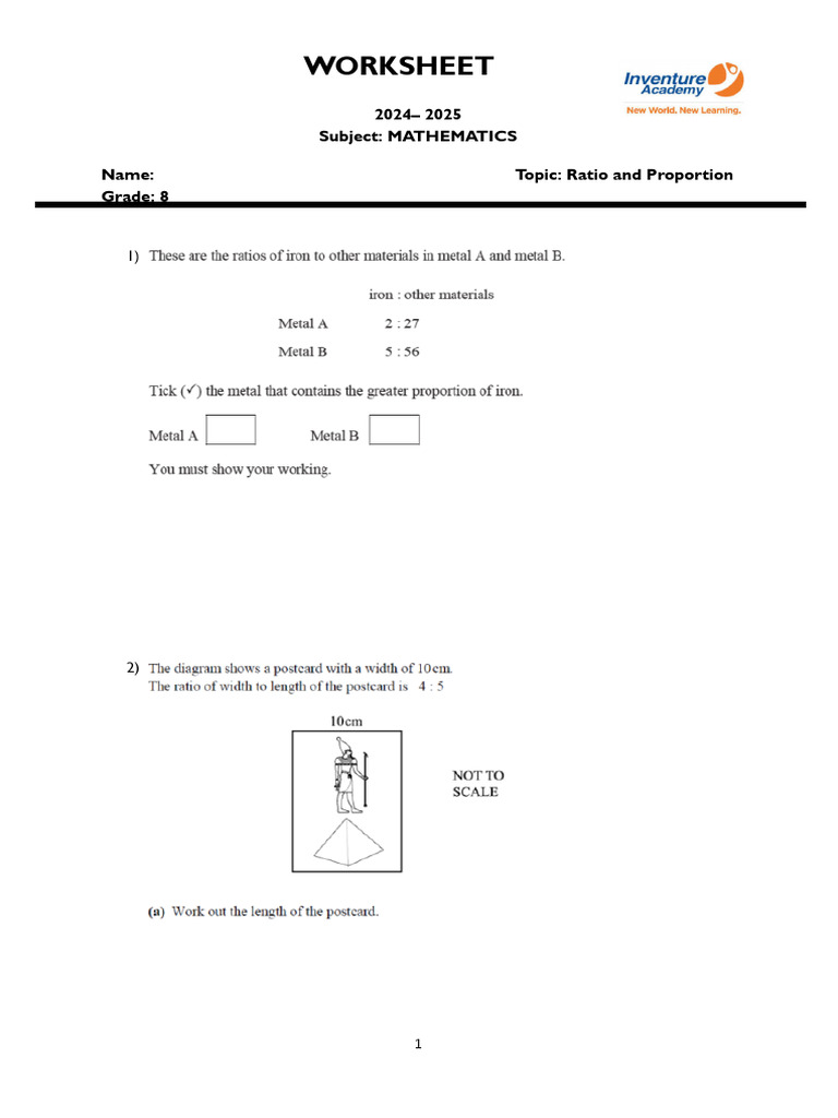 Grade 8 Ratio and Proportion Worksheet | PDF