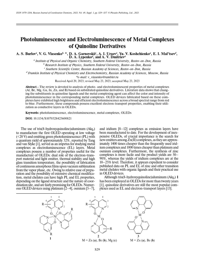 Photoluminescence and Electroluminescence of Metal Complexes of ...