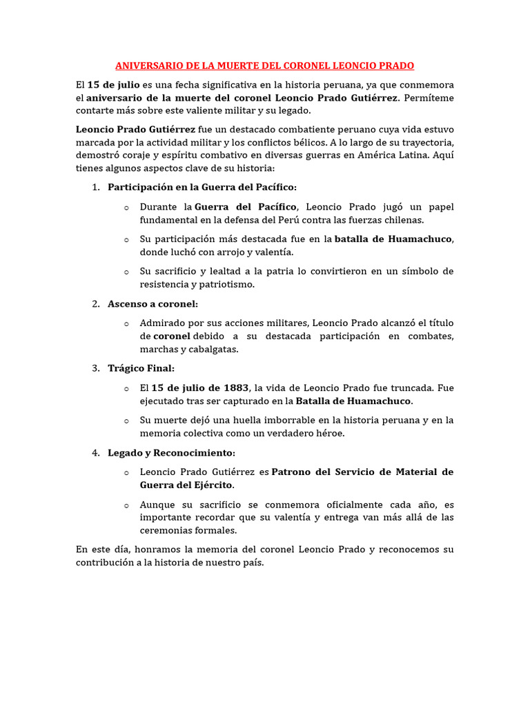 ANIVERSARIO DE LA MUERTE DEL CORONEL LEONCIO PRADO | Descargar gratis ...