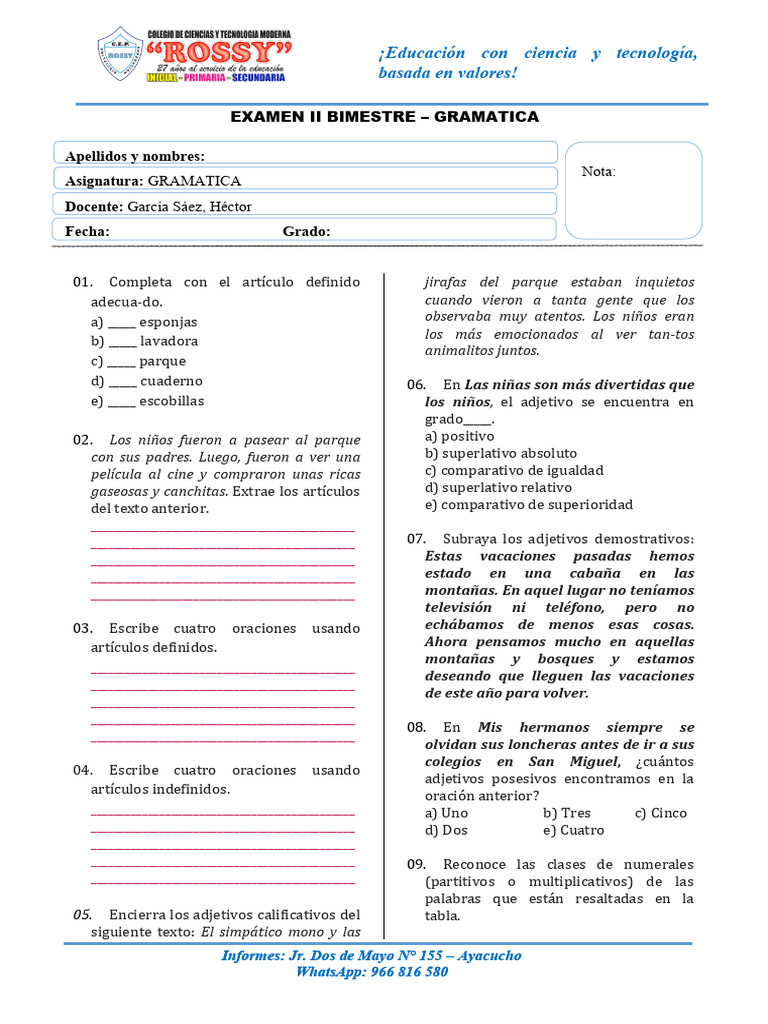 Ejercicios de gramática para niños | PDF | Adjetivo | Verbo