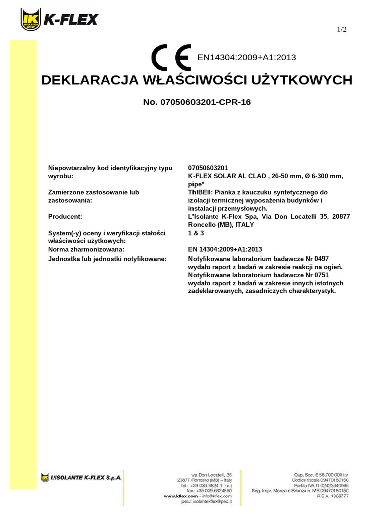 POL - DOP K-FLEX SOLAR AL CLAD - 26-50mm THK Pipe 07050603201 | PDF