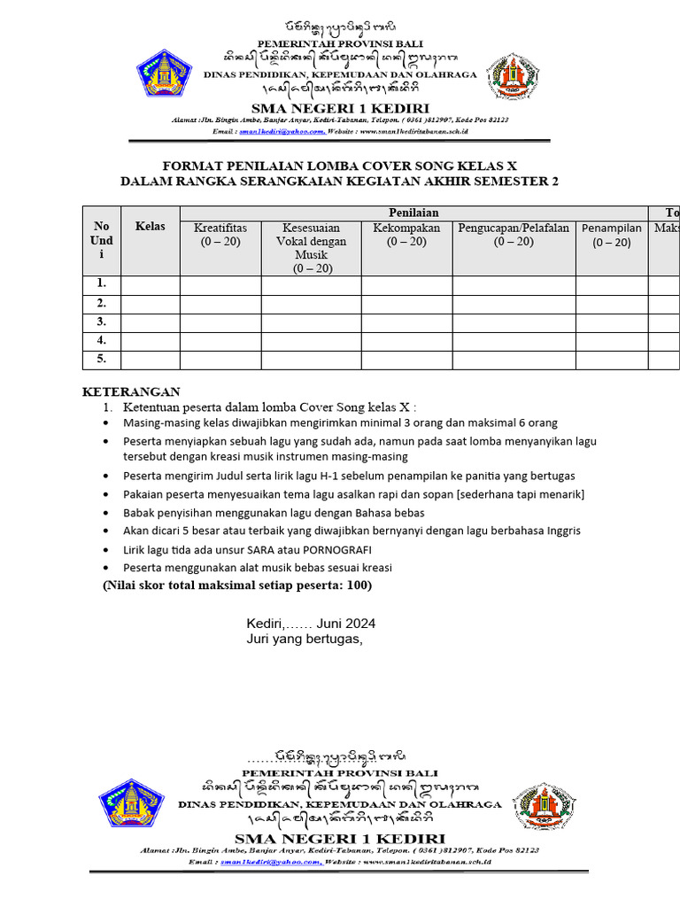 FORMAT PENILAIAN LOMBA COVER SONG KELAS X BABAK FINAL | PDF
