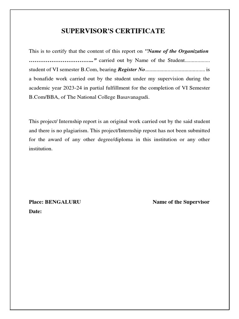 Supervisor's Certificate for B.Com Project | PDF