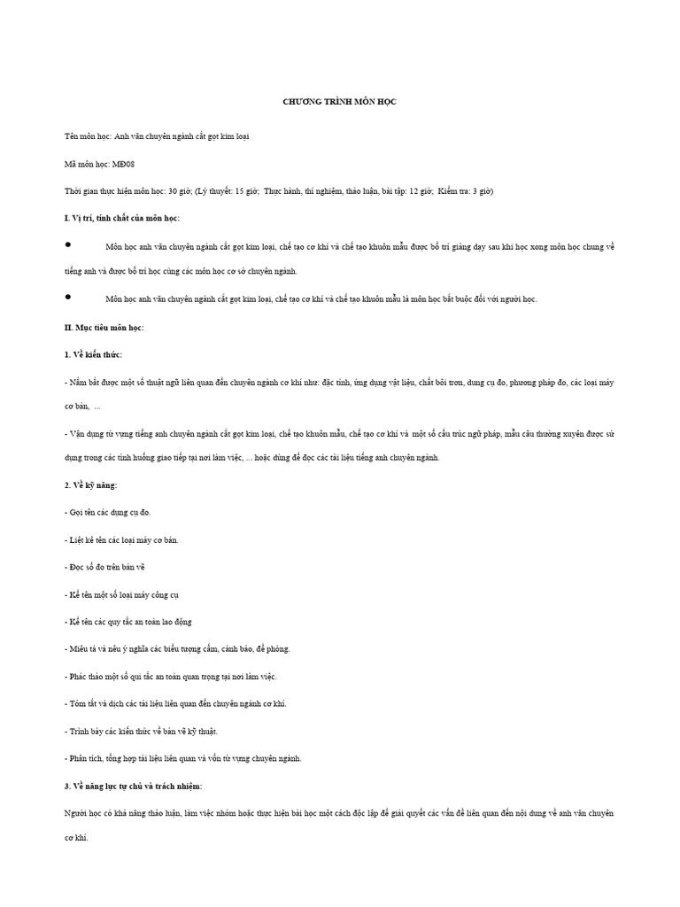 CHƯƠNG TRÌNH MÔN HỌC avcn cgkl | PDF