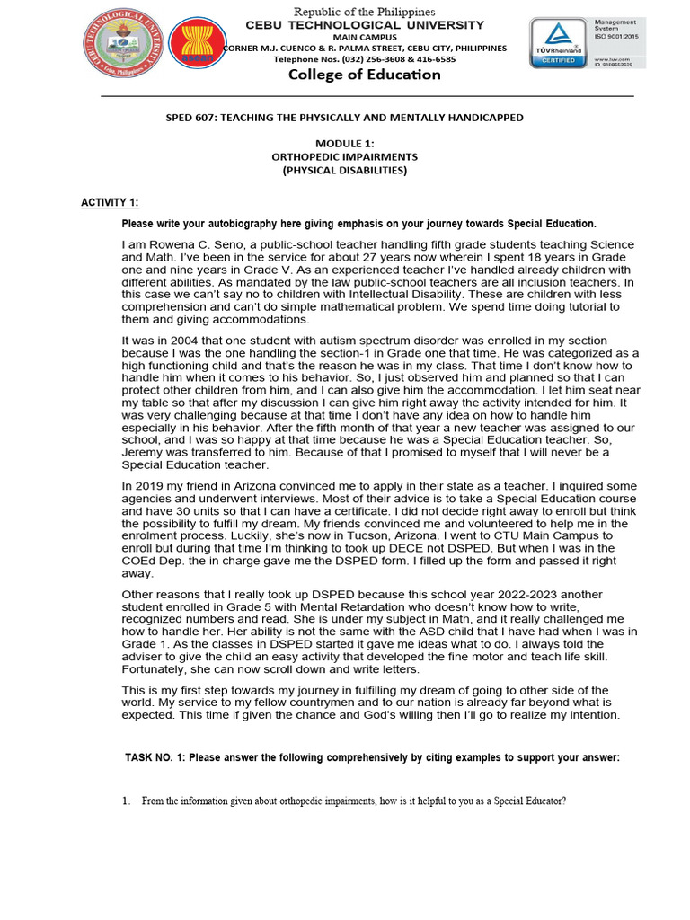 607 Module 1 - TASK 1 - ORTHOPEDIC IMPAIRMENTS Physical Disabilities | PDF | Individualized ...