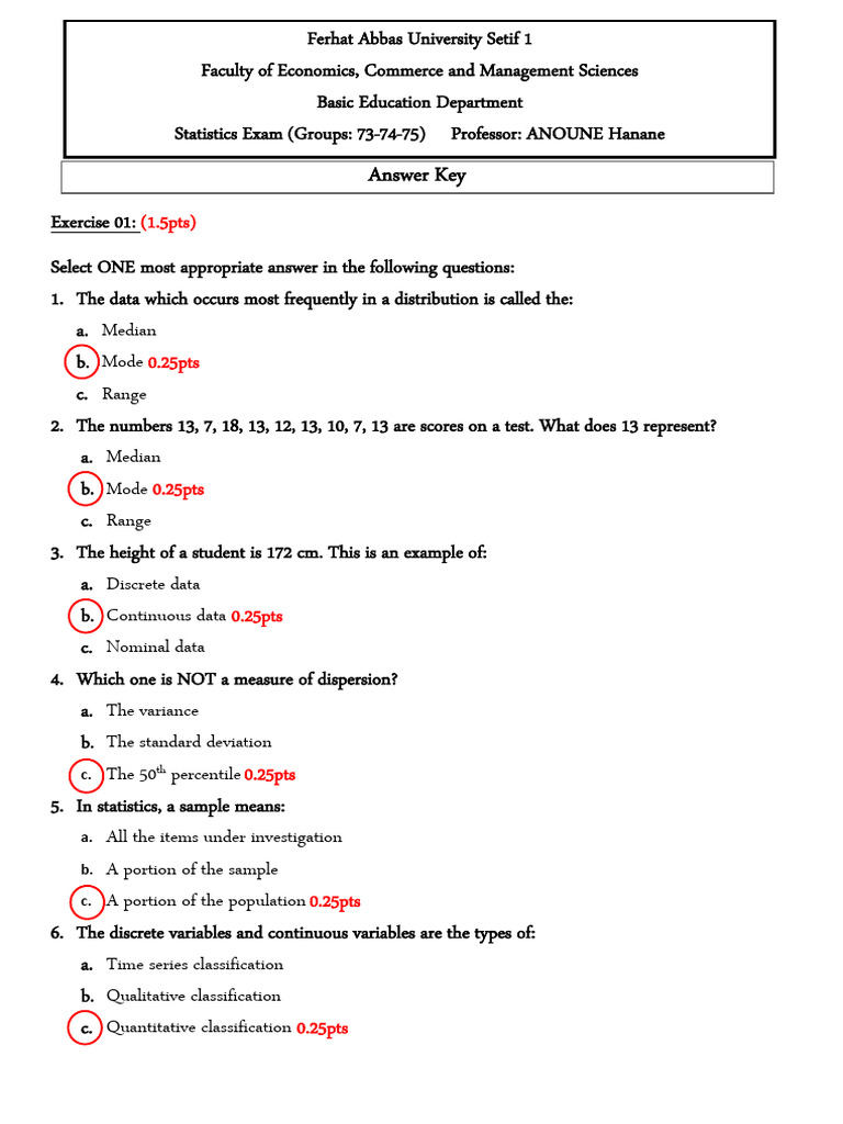 Answer Key Statistics Exam | PDF | Level Of Measurement | Median