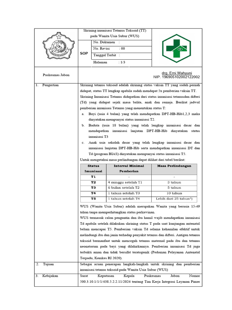 SOP SKRINING IMUNISASI TETANUS TOKSOID (2) | PDF