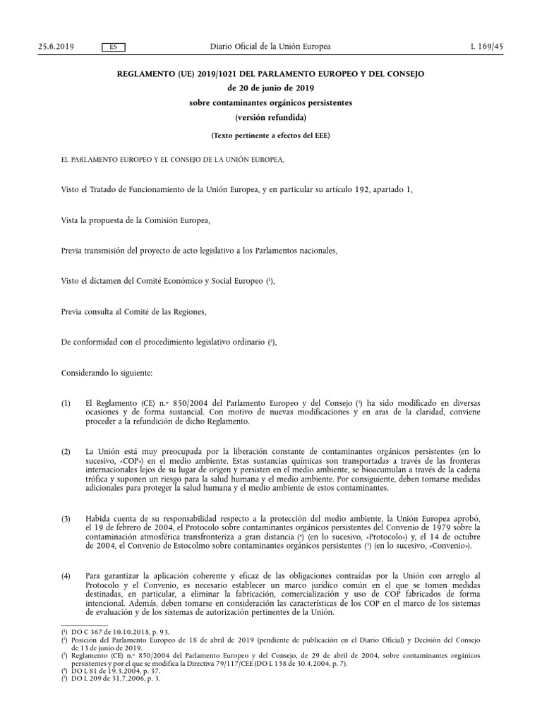 Reglamento (Ue) 2019/1021 Del Parlamento Europeo Y Del Consejo de 20 de Junio de 2019 Sobre ...