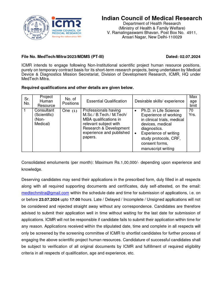 MedTech Mitra Consultant Advt | PDF | Finance & Money Management