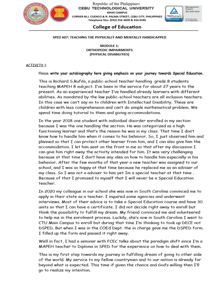 607 Module 1 Task 1 Orthopedic Impairments Physical Disabilities Rufila | PDF | Individualized ...