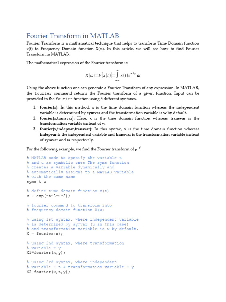 Fourier Transform in Matlab | PDF | Fourier Transform | Function ...