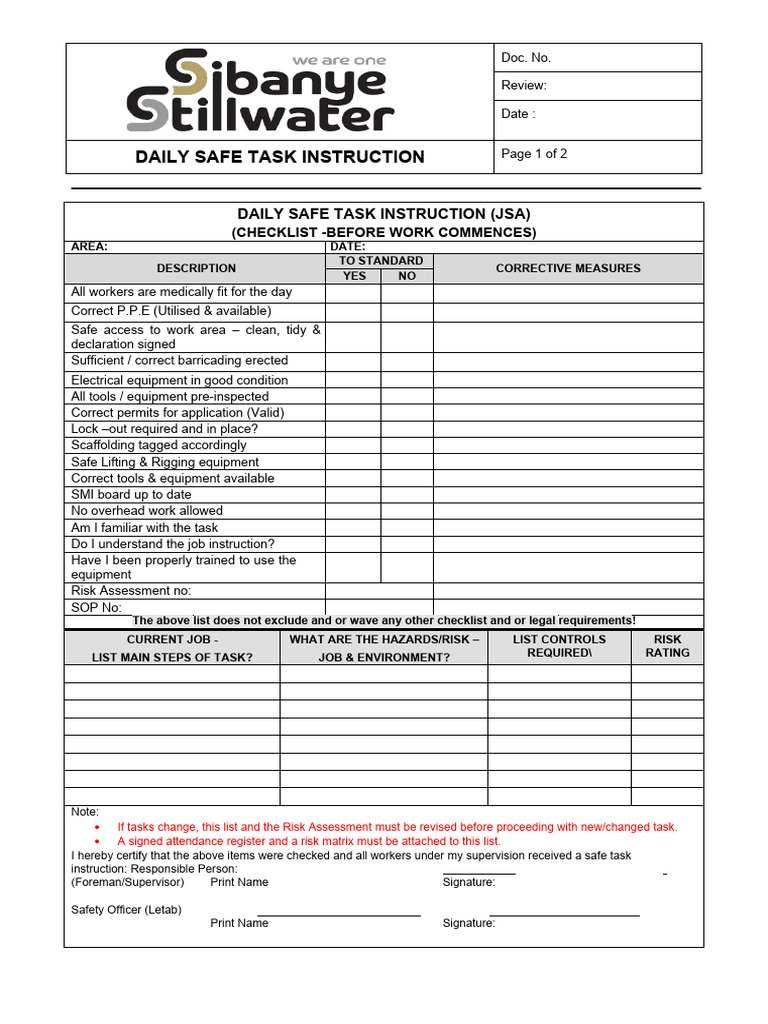 DSTI Checklist | PDF | Risk | Working Conditions