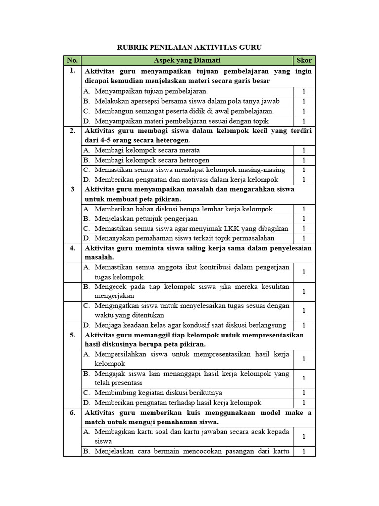 Instrumen Rubrik Dan Lembar Observasi | PDF