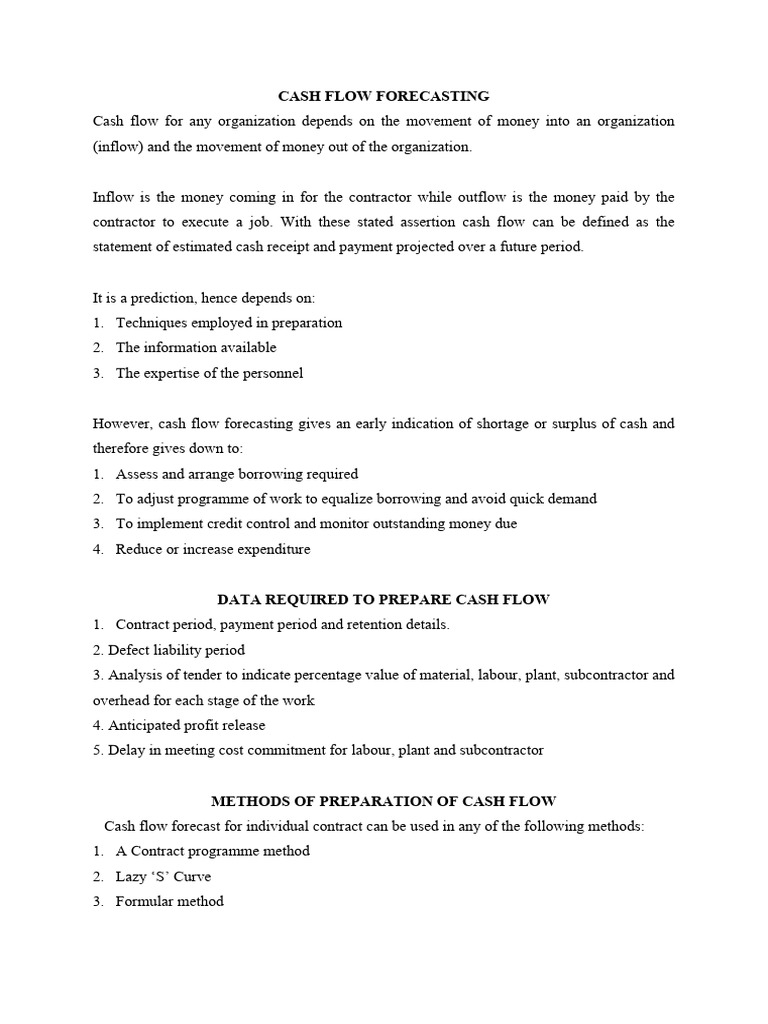 Cash Flow Forecasting Pdf Forecasting Cost